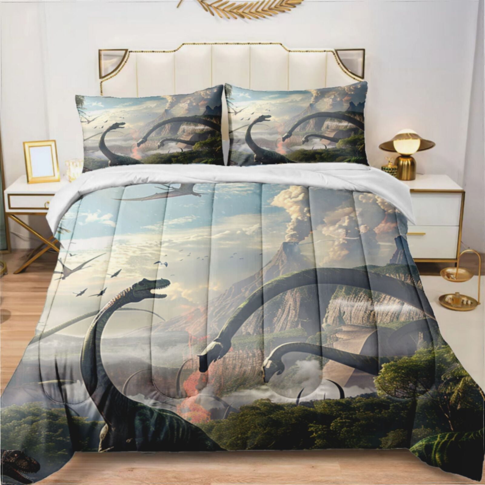 Large Dinosaurs And A River With A Volcano (221) Comforter Set With 2 ...