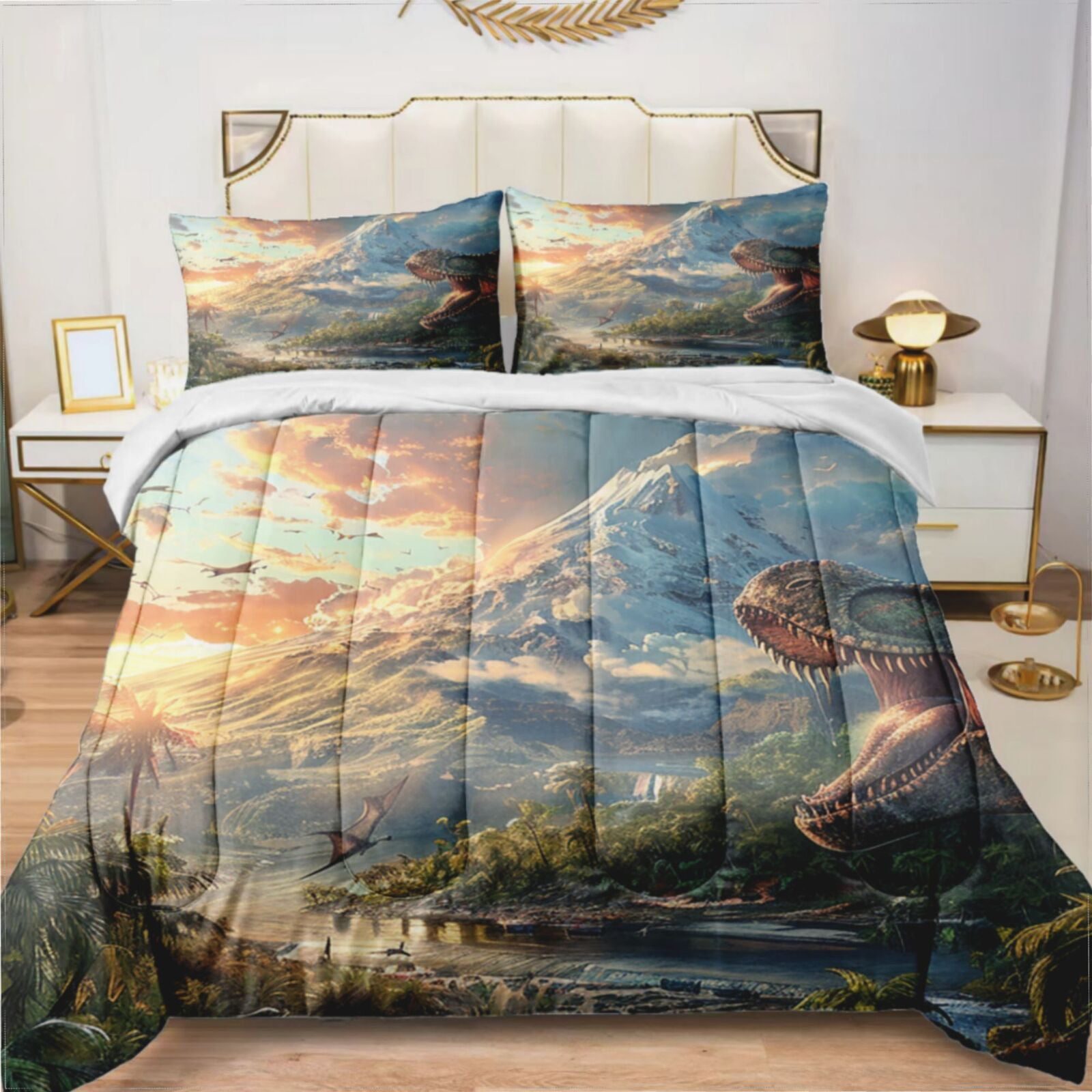 Large Dinosaurs And A River With A Volcano (306) Comforter Set With 2 ...