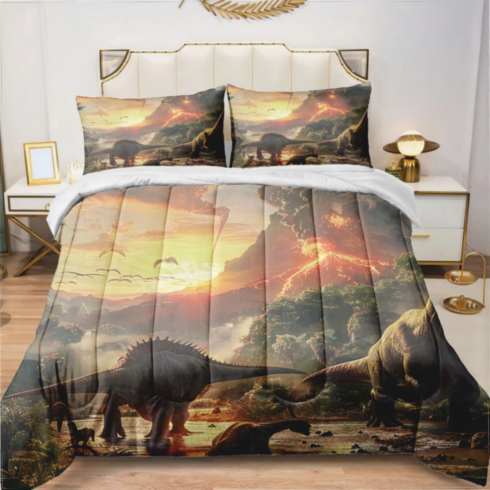 Large Dinosaurs And A River With A Volcano (32) Comforter Set With 2 ...