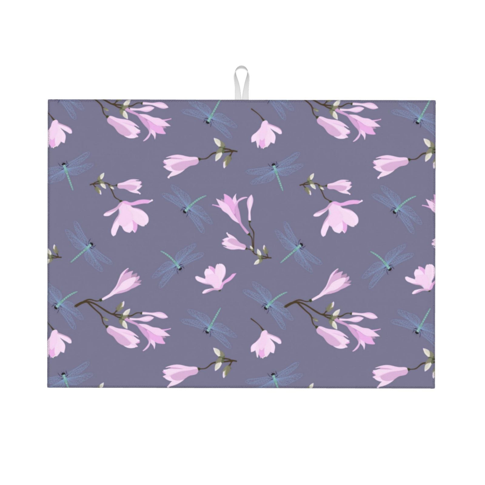 Large Dish Drying Mats for Kitchen Counter - Mauve Flower Dragonfly ...