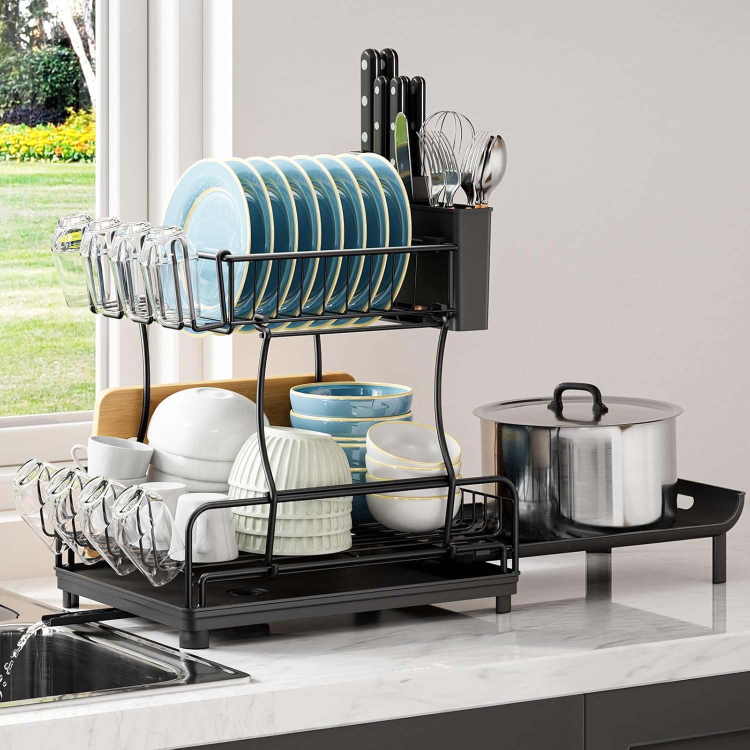 Large Dish Drying Rack, 2 Tier Dish Drying Racks for Kitchen Counter, Extendable Dish Drainers ...
