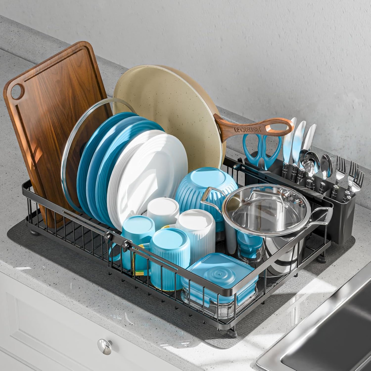 Large Dish Drying Rack with Absorbent Mat - Expandable -in- Stainless ...