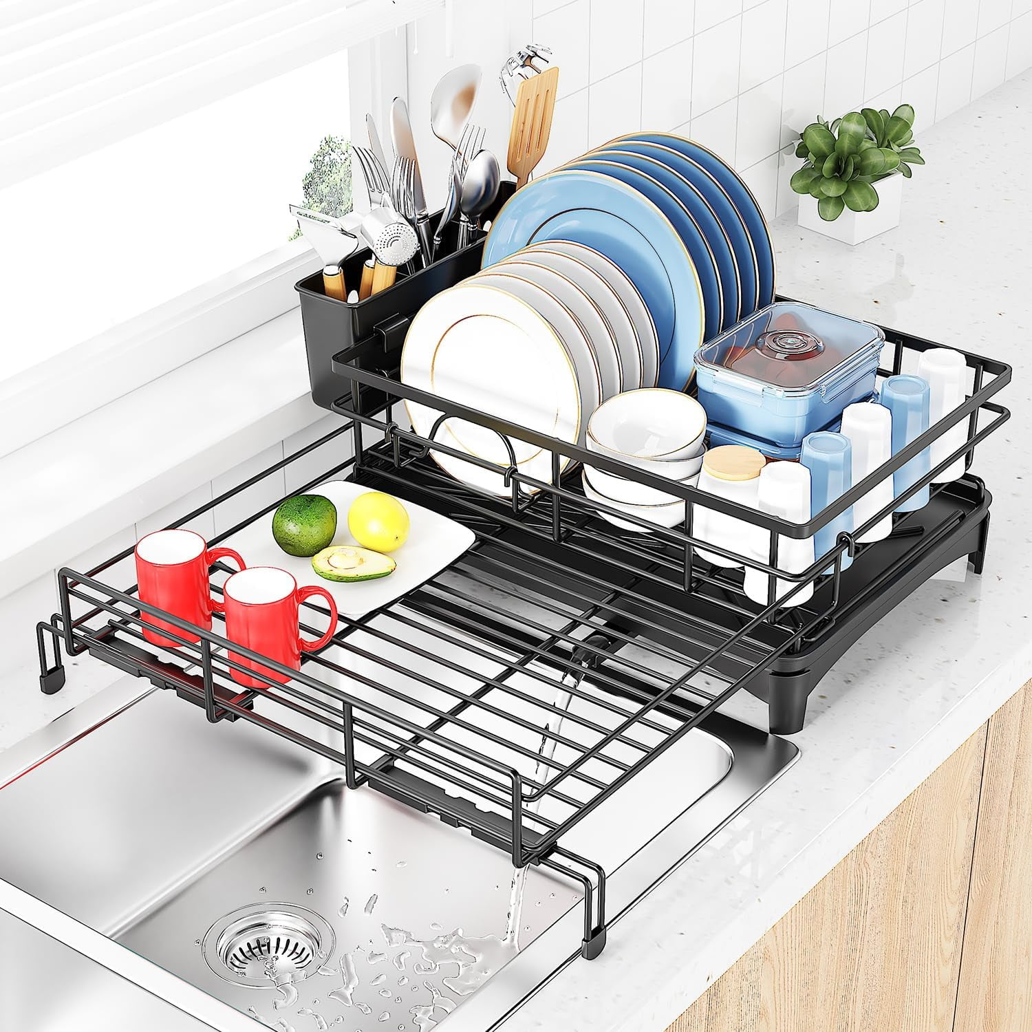 Large Dish Drying Rack,Extendable Dish Rack With Cutlery Holder, Anti ...