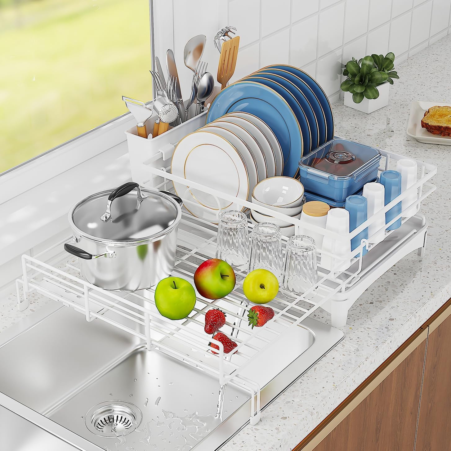 Large Dish Drying Rack,Extendable Dish Rack With Cutlery Holder, Anti ...