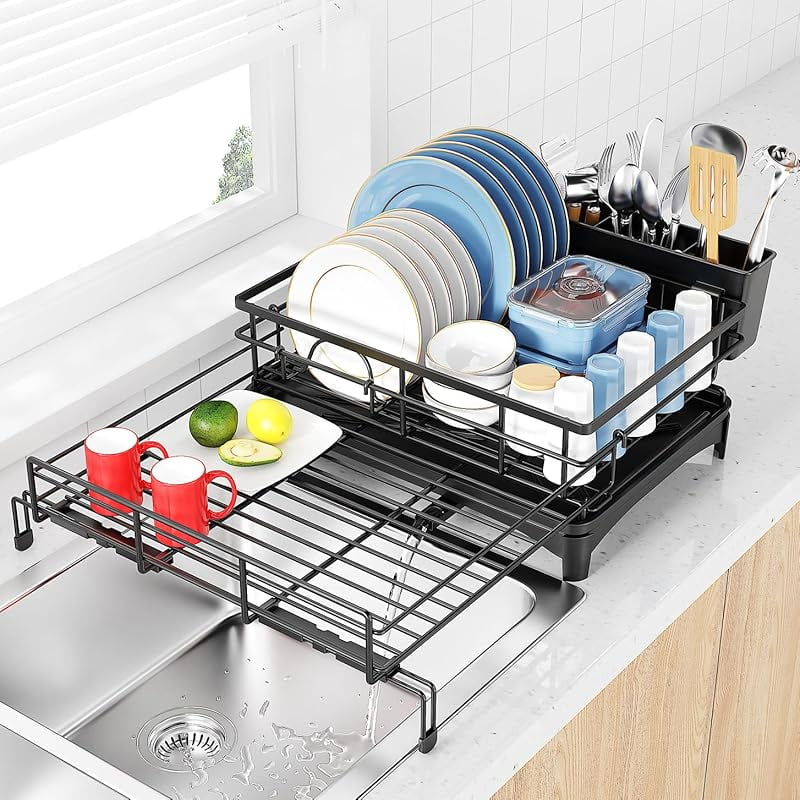 Large Dish Drying Rack,Extendable Dish Rack with Cutlery Holder,Silver ...
