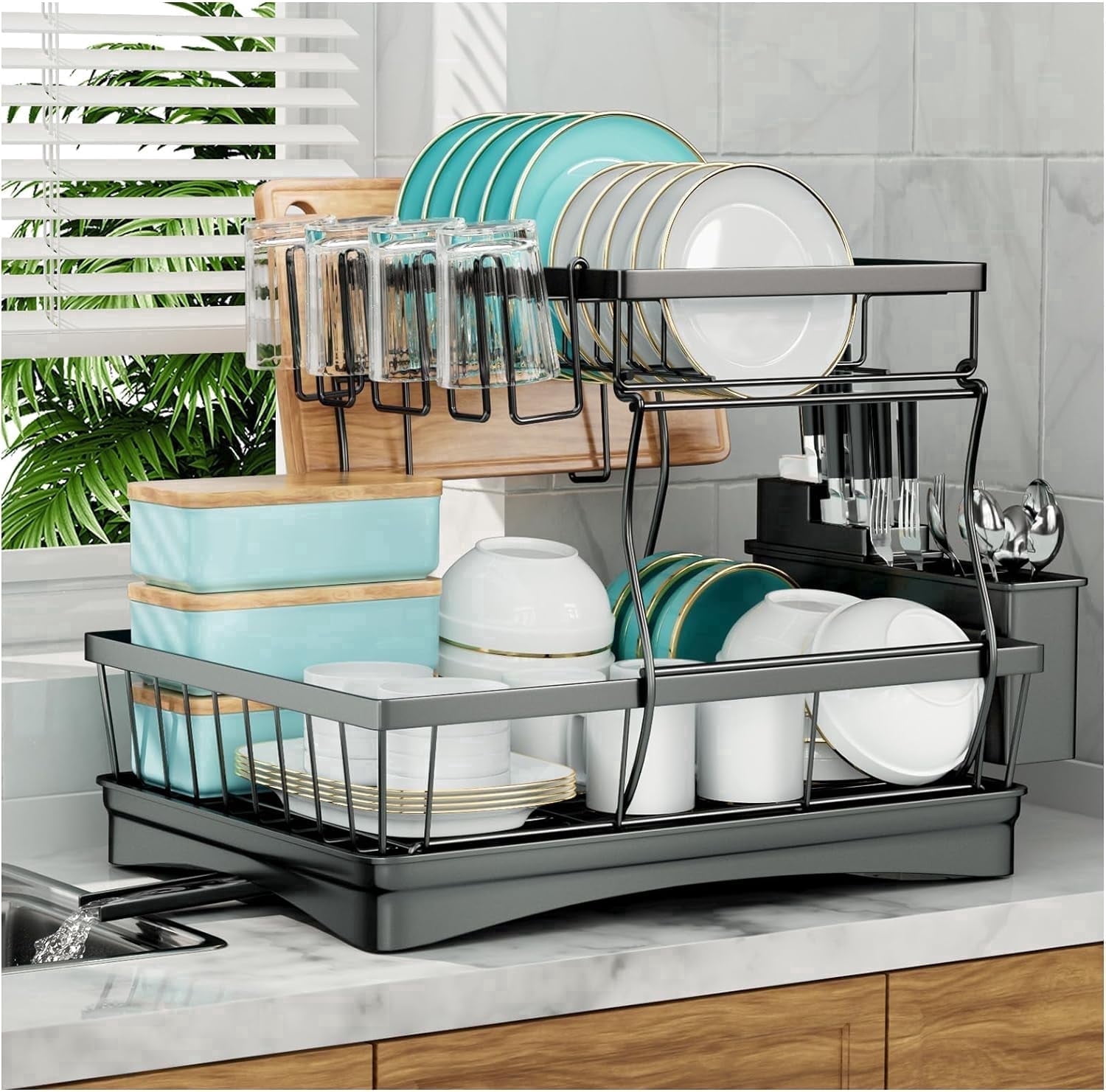 OKENTEN 2-Tier Rustproof Dish Drying Rack with Drainboard and Utensil ...