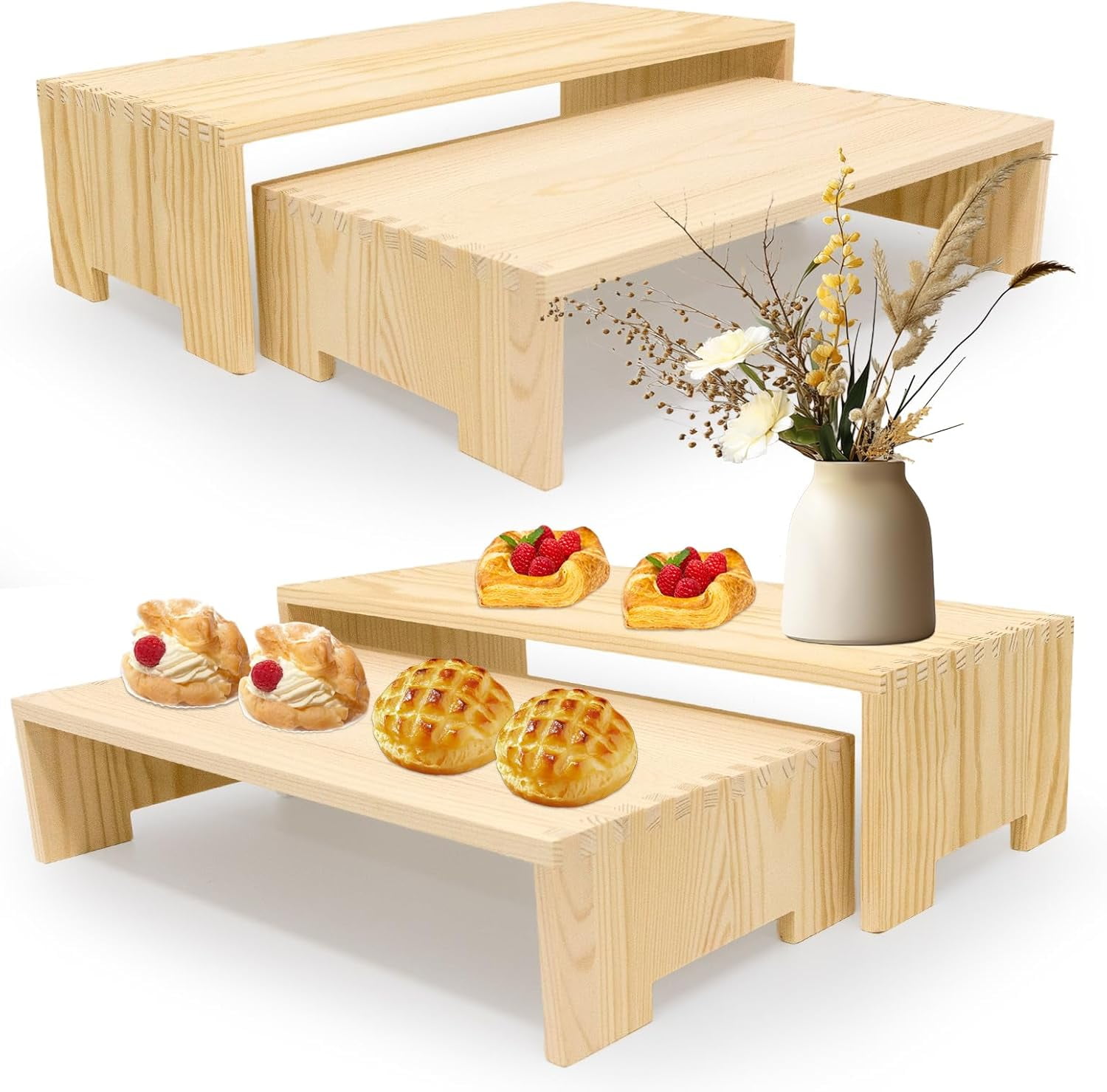 Large Display Risers 2-Tier Wood Stands 4-Piece Decorative Rectangular ...