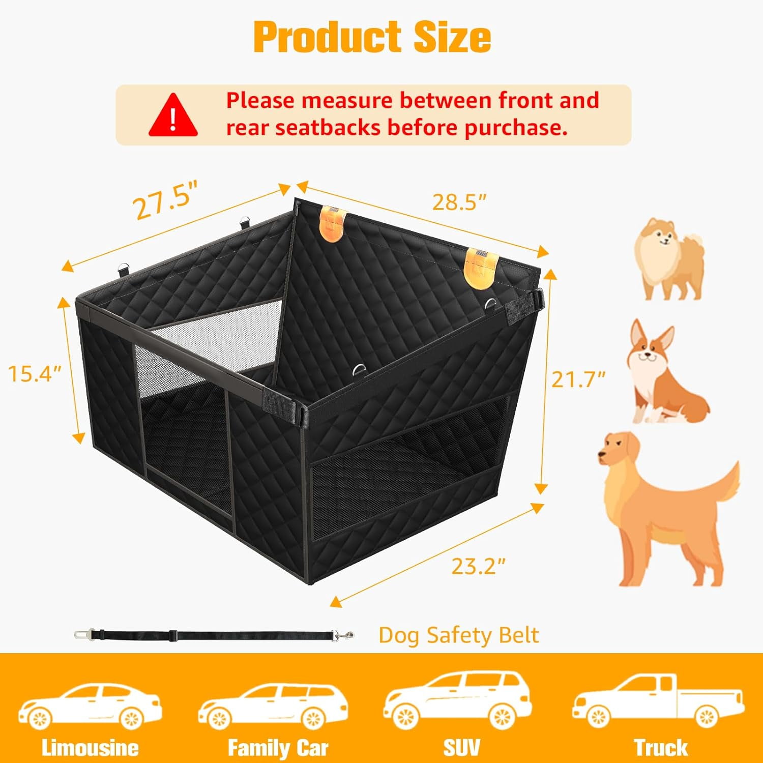 Large Dog Car Seat, Back Seat Extender for Dogs with 3 Mesh Windows ...