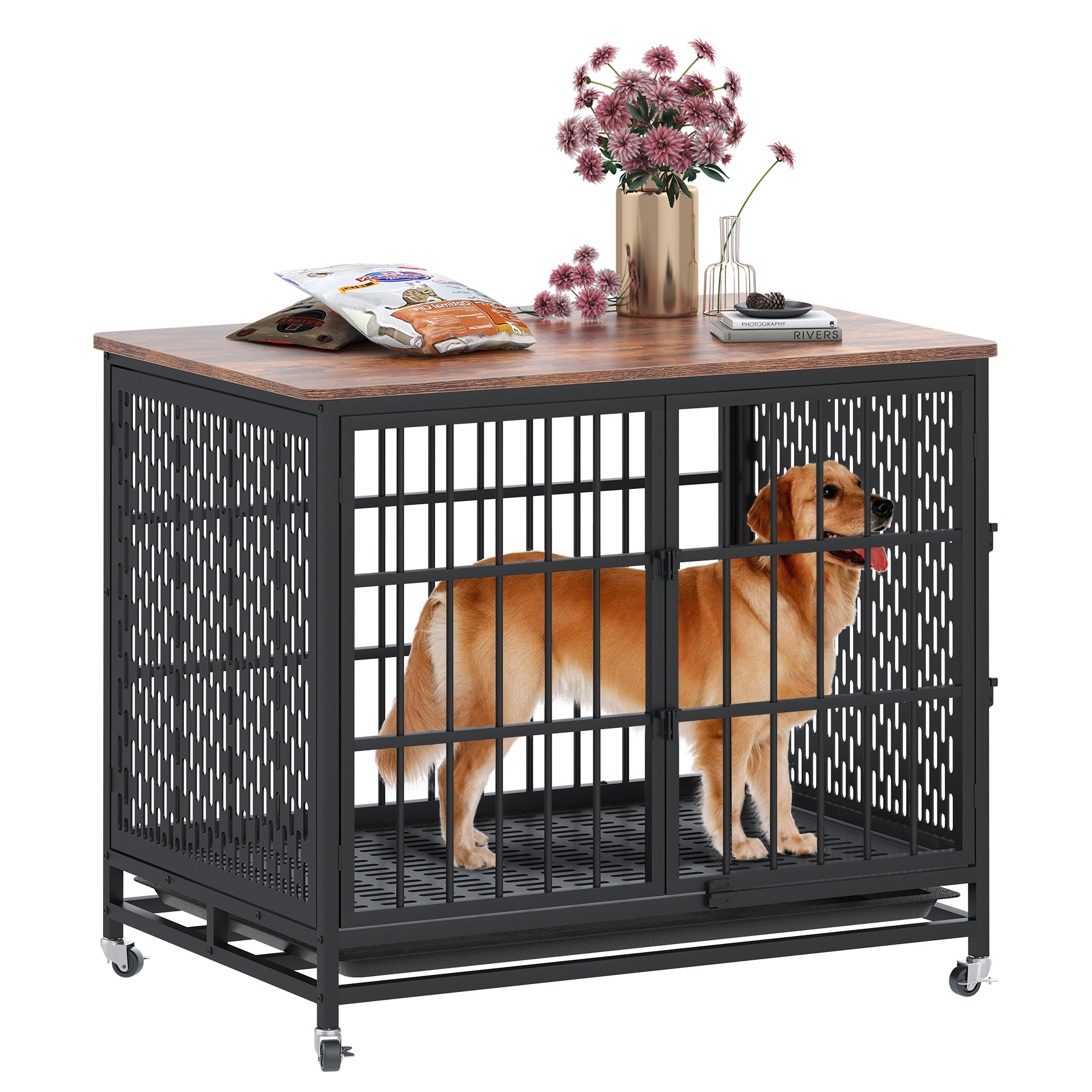 vidaXL Dog Cage Dog Crate with Removable Tray Lockable Wheels Dog ...