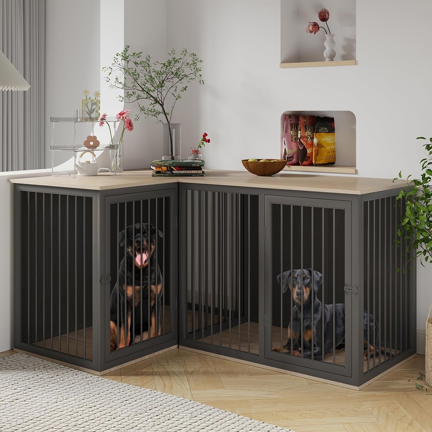 Linor Large Pet Cage Furniture for 2 Dogs, Double Doors, Wooden Double ...