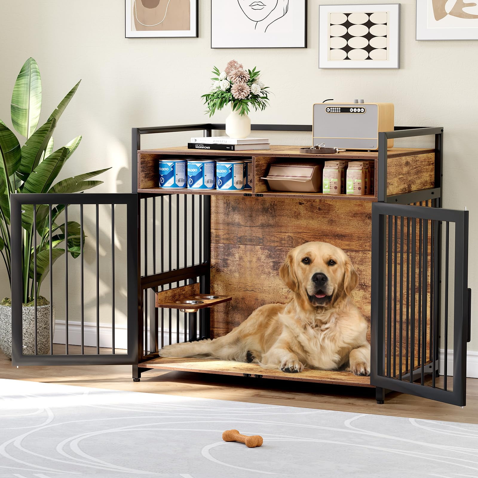 Large Dog Crate Furniture, Heavy Duty Wooden Dog Kennl with 2 Storage ...