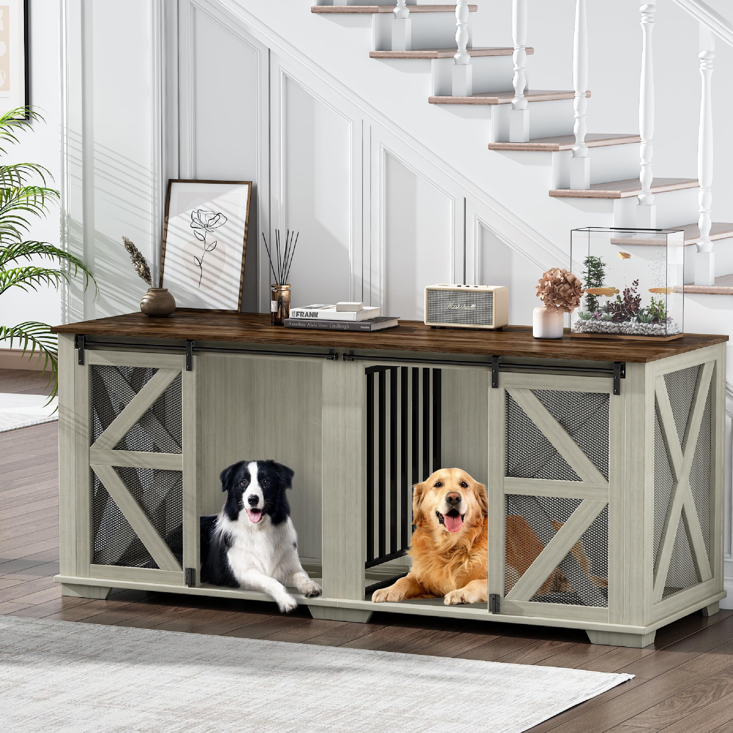 Large Dog Crate Furniture Indoor for 2 Dogs, 70'' Farmhouse Steel Frame ...