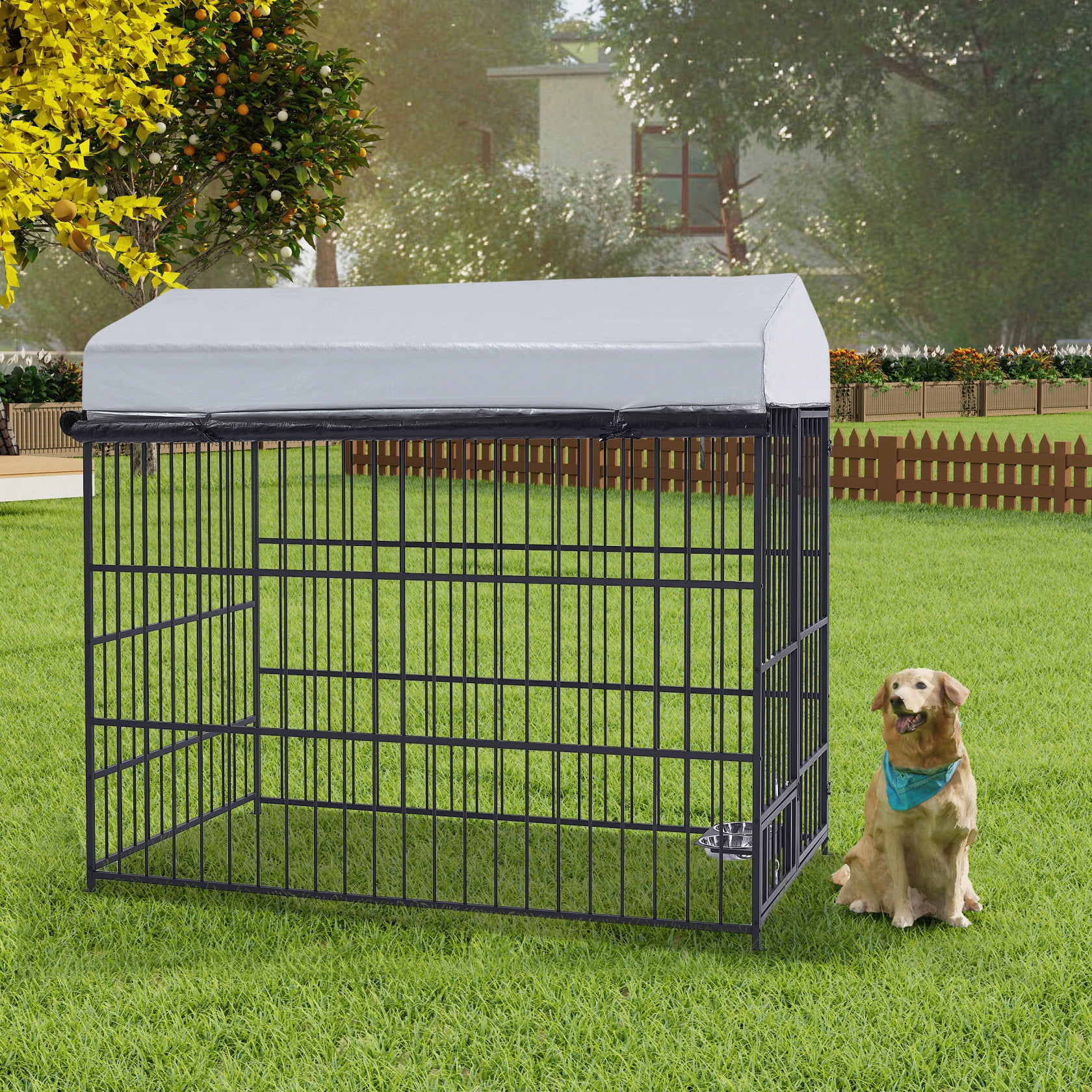 Large Dog Kennel Outdoor Metal Pet Pen with Roof Cover - Weatherproof ...