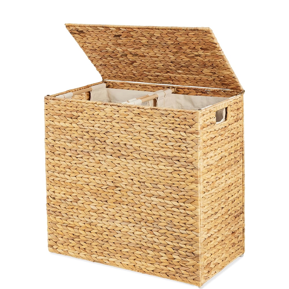 Large Double Laundry Hamper with Lid, Portable Handwoven Water Hyacinth ...