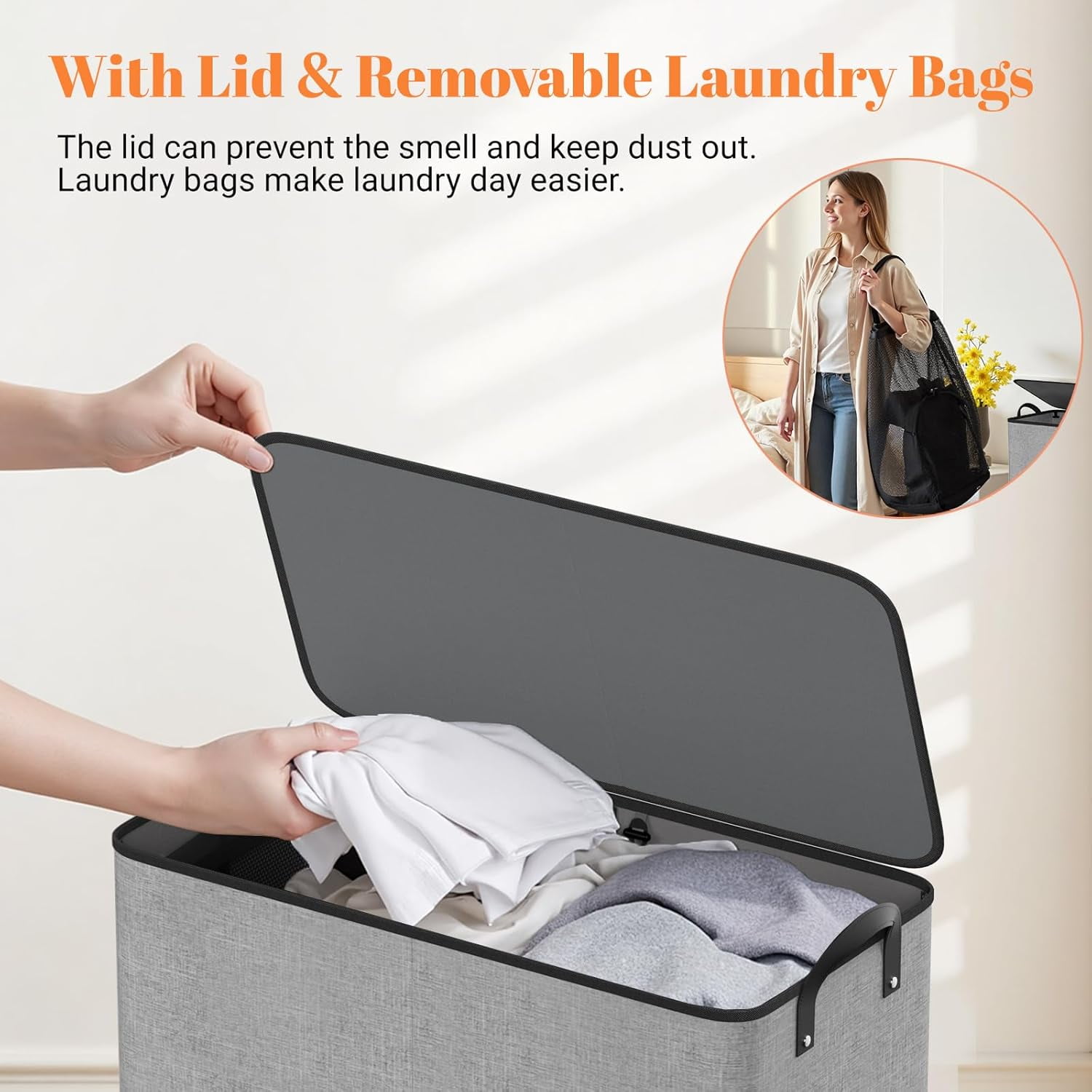 Large Double Laundry Hamper with Lid, Removable Bags & Reinforced ...