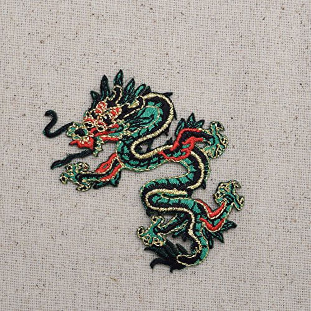 Large - Dragon - Facing Left - Green/Red - Iron on Applique/Embroidered ...