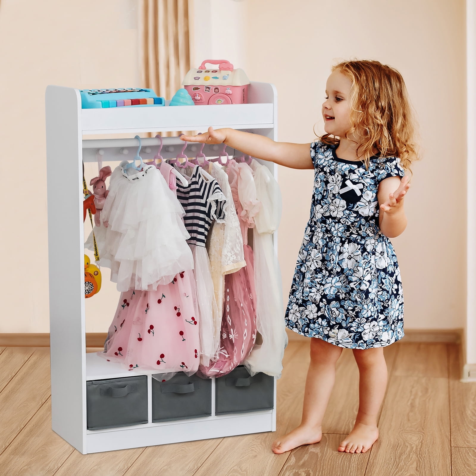 Kids Dress up Storage w/Mirror, Kids Costume Organizer, Open Hanging ...