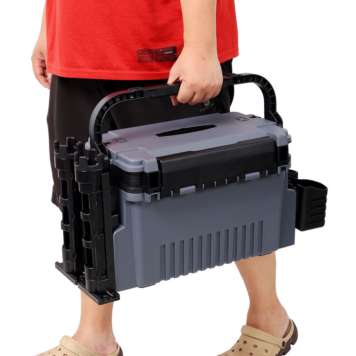 Large Dual-Layer Fishing Tackle Box Organizer With 2 Rod Holders And ...