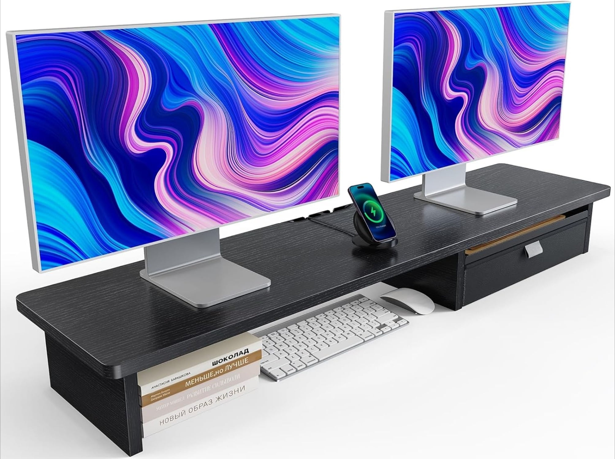 Large Dual Monitor Stand with Drawer, Wood Monitor Stand Riser for 2 ...