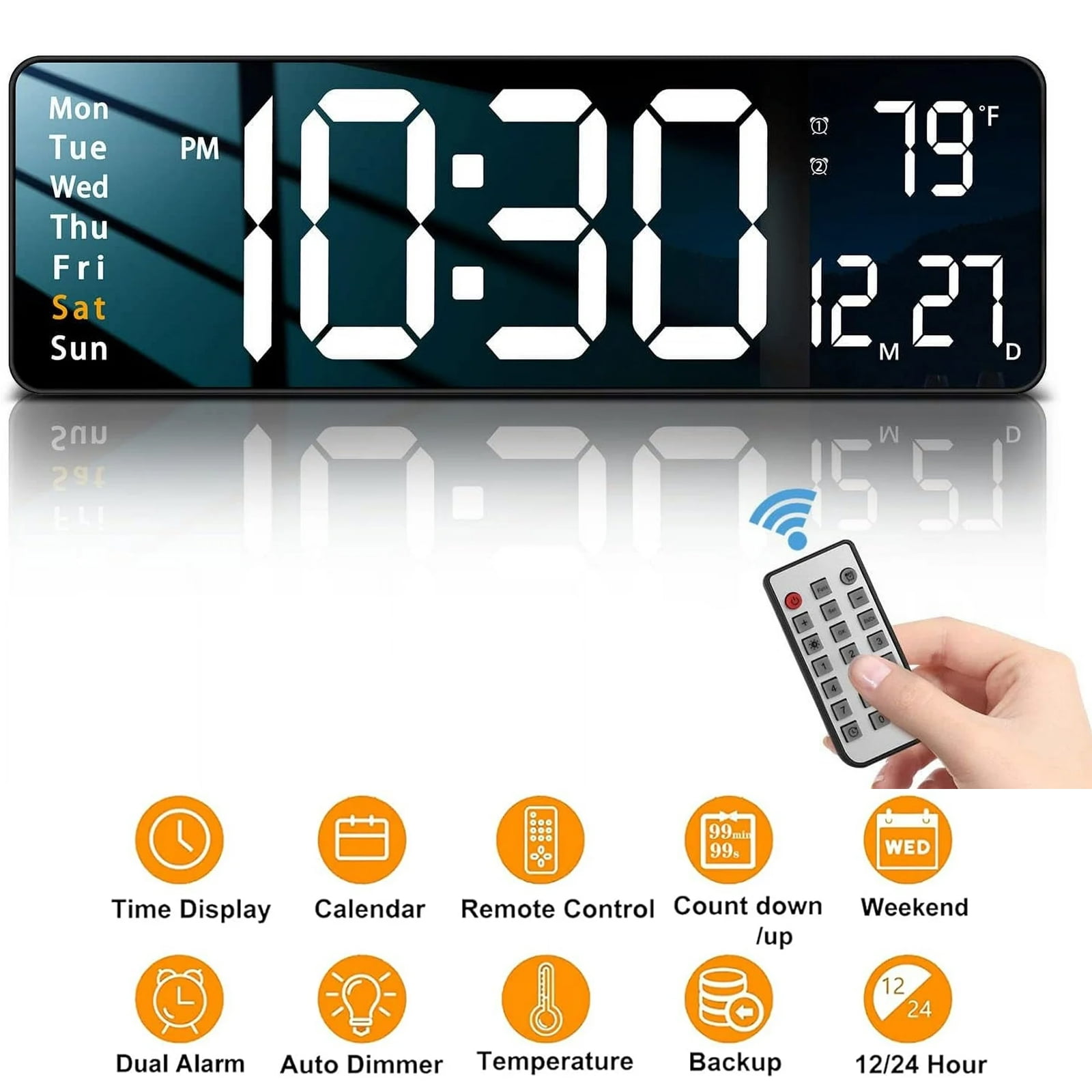 Large Electronic Digital Wall Clock Remote Control Temp Date Week Display Power Off Memory Table ...
