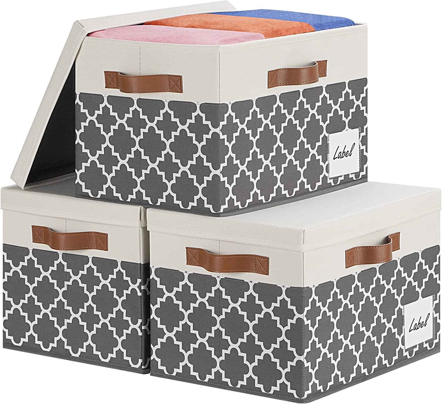 Large Fabric Storage Bins with Lids (3 Pack), Foldable Decorative ...