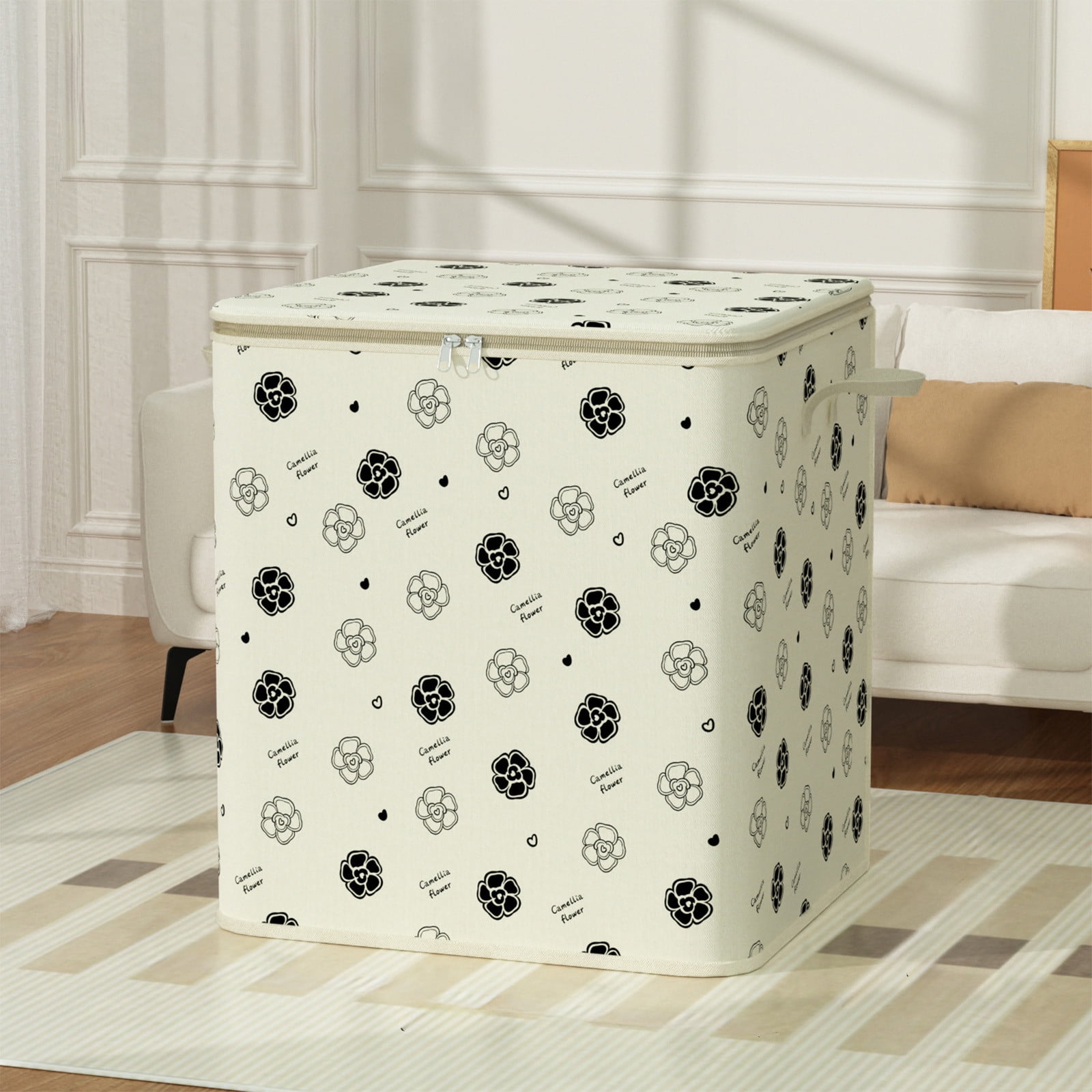 Large Fabric Storage Bins With Lids, White Black Flower Storage Boxes ...