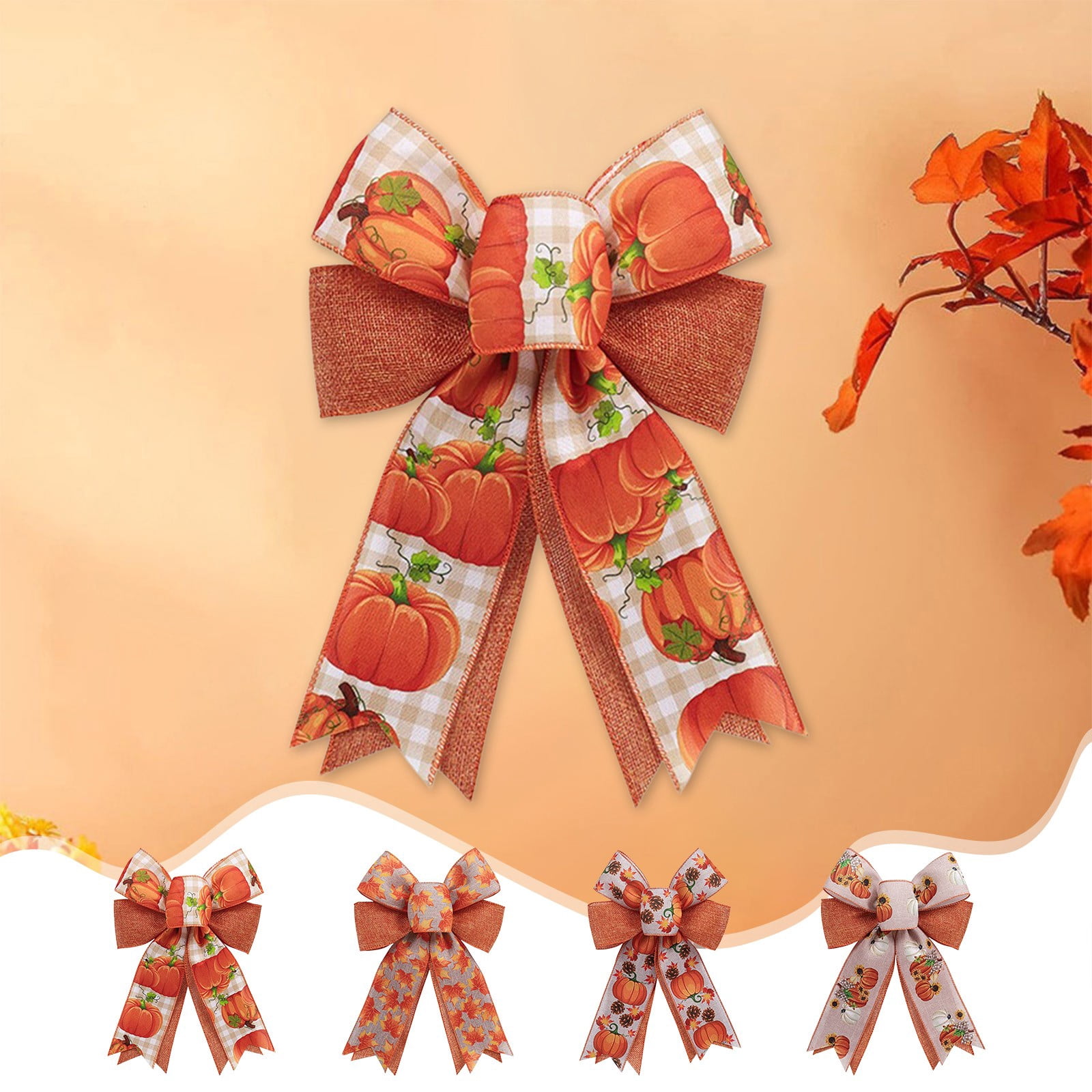 Large Fall Pumpkin Bow Wreath 11.81×7.09 inch Orange Bows,Maple Leaves ...