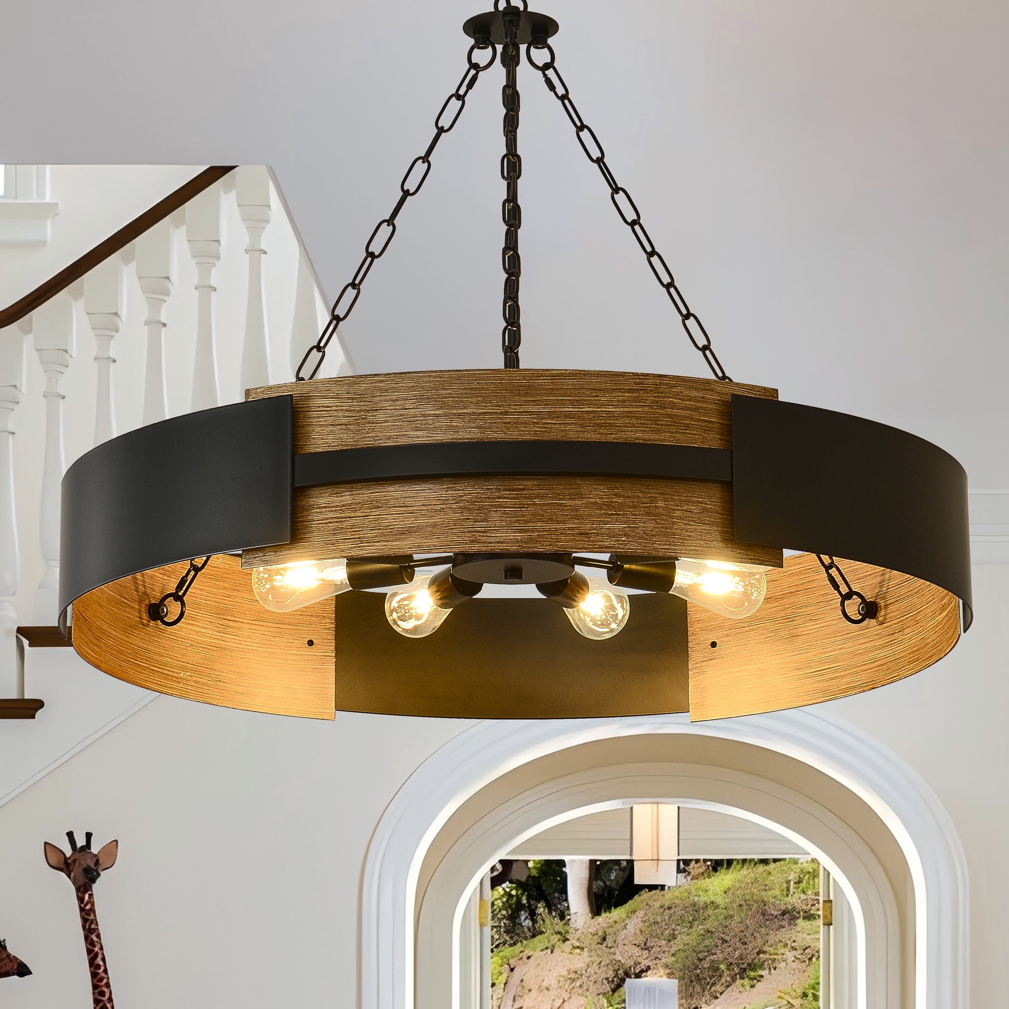 Large Farmhouse Drum Chandelier, 8-Light Statement Pendant with Walnut ...