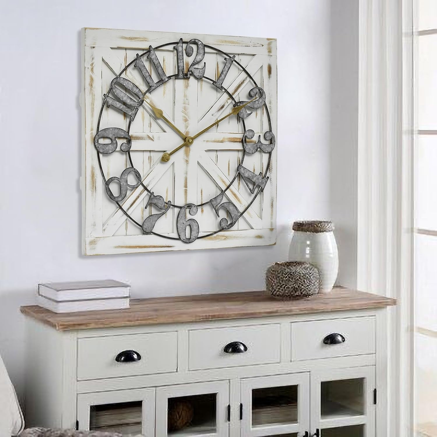 Large Farmhouse Wall Clock – 24 Inch Square Rustic Wooden Clock with ...