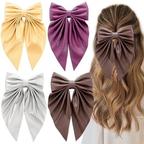Large Faux Leather Hair Bows PU Hair Ribbon Clips with Long Tail Big ...