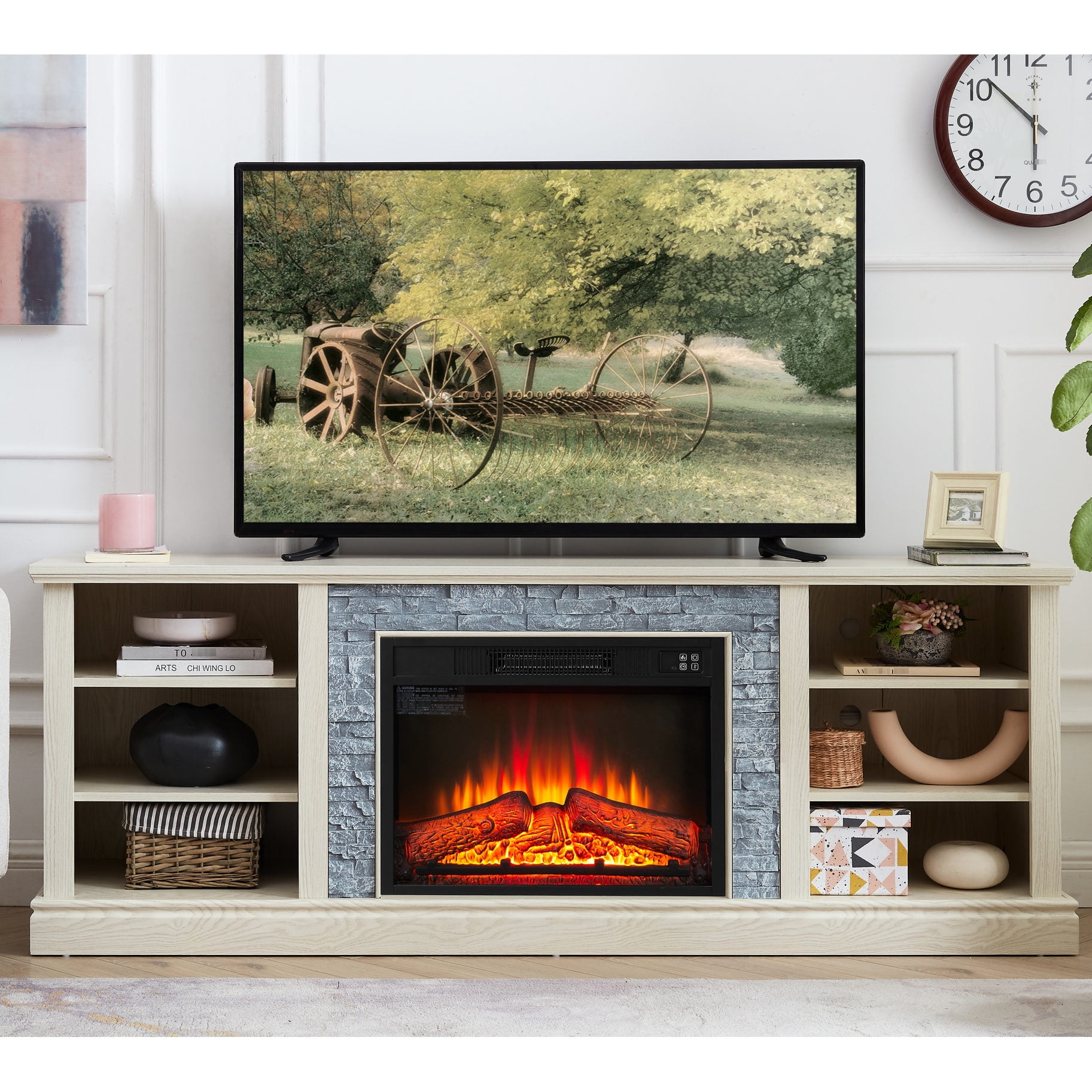 Large Faux Stone TV Stand with Fireplace | Offers Space for TVs and ...