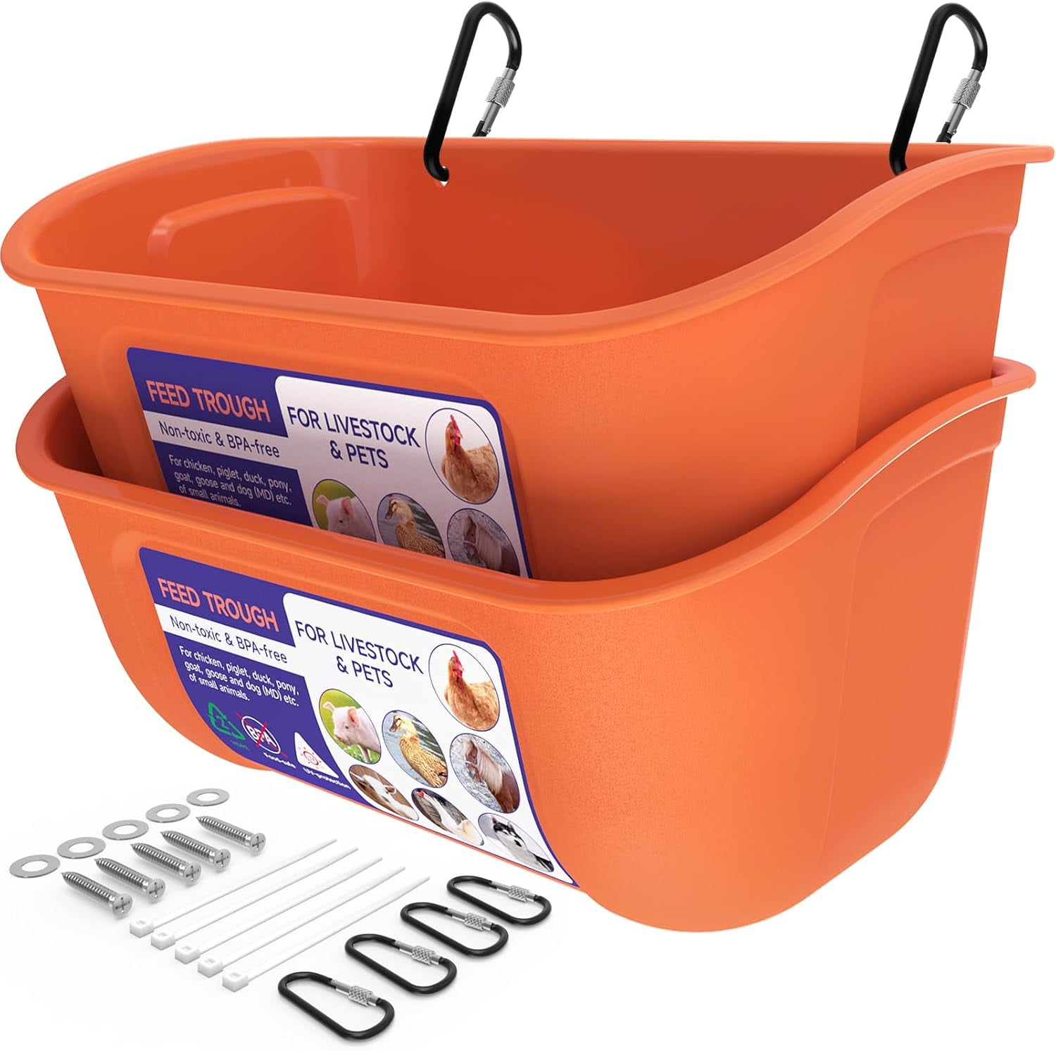 Large Feed Trough, Hanging or Screw-in Fence Feeder with Clips, 2 Pack ...