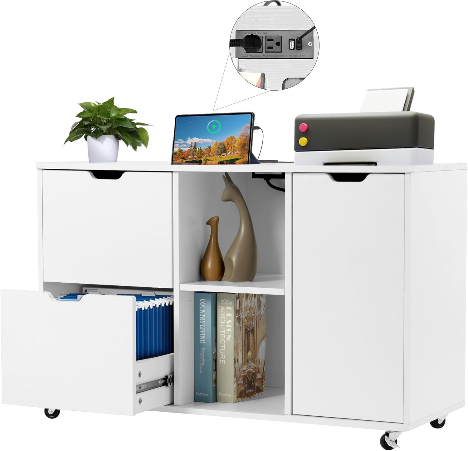Large File Cabinet, Mobile Lateral Filing Cabinet with Charging Station ...