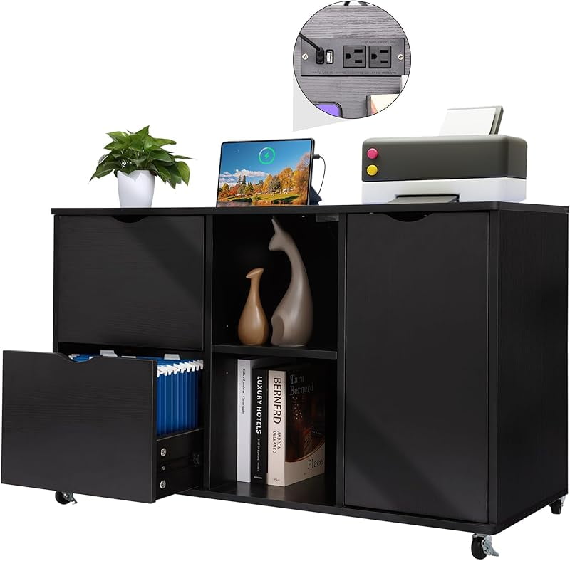 Large File Cabinet, Mobile Lateral Filing Cabinet with Charging Station ...