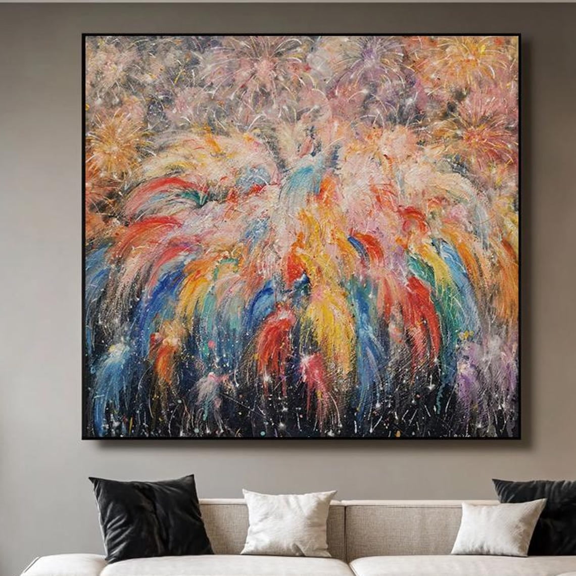 Large Fireworks Landscape Painting, Fireworks Abstract Art, Colorful ...