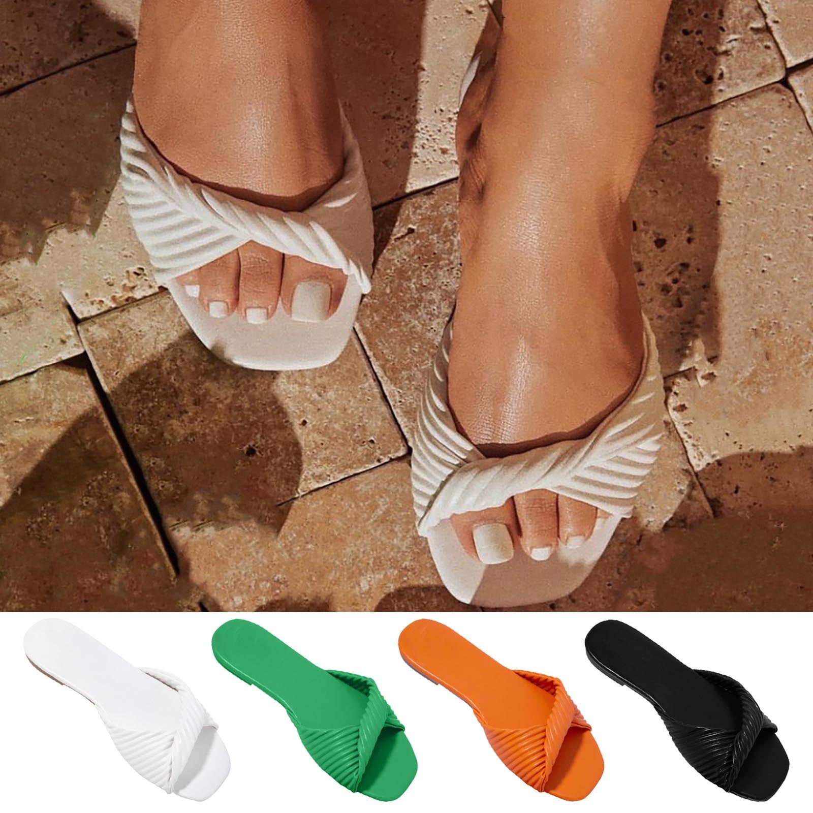 Large Flat Bottomed Flip Flops Women's Solid Color Rectangular Toe Open ...