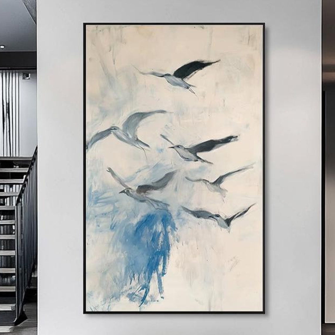 Large Flock Of Birds Abstract Painting, Beige Wabi-Sabi Wall Art, Bird ...