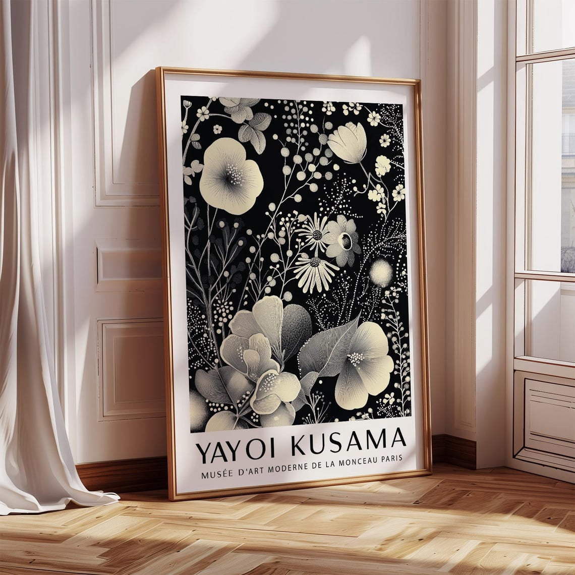 Large Floral Wall Art – Black And Ivory Botanical Print In Yayoi Kusama ...