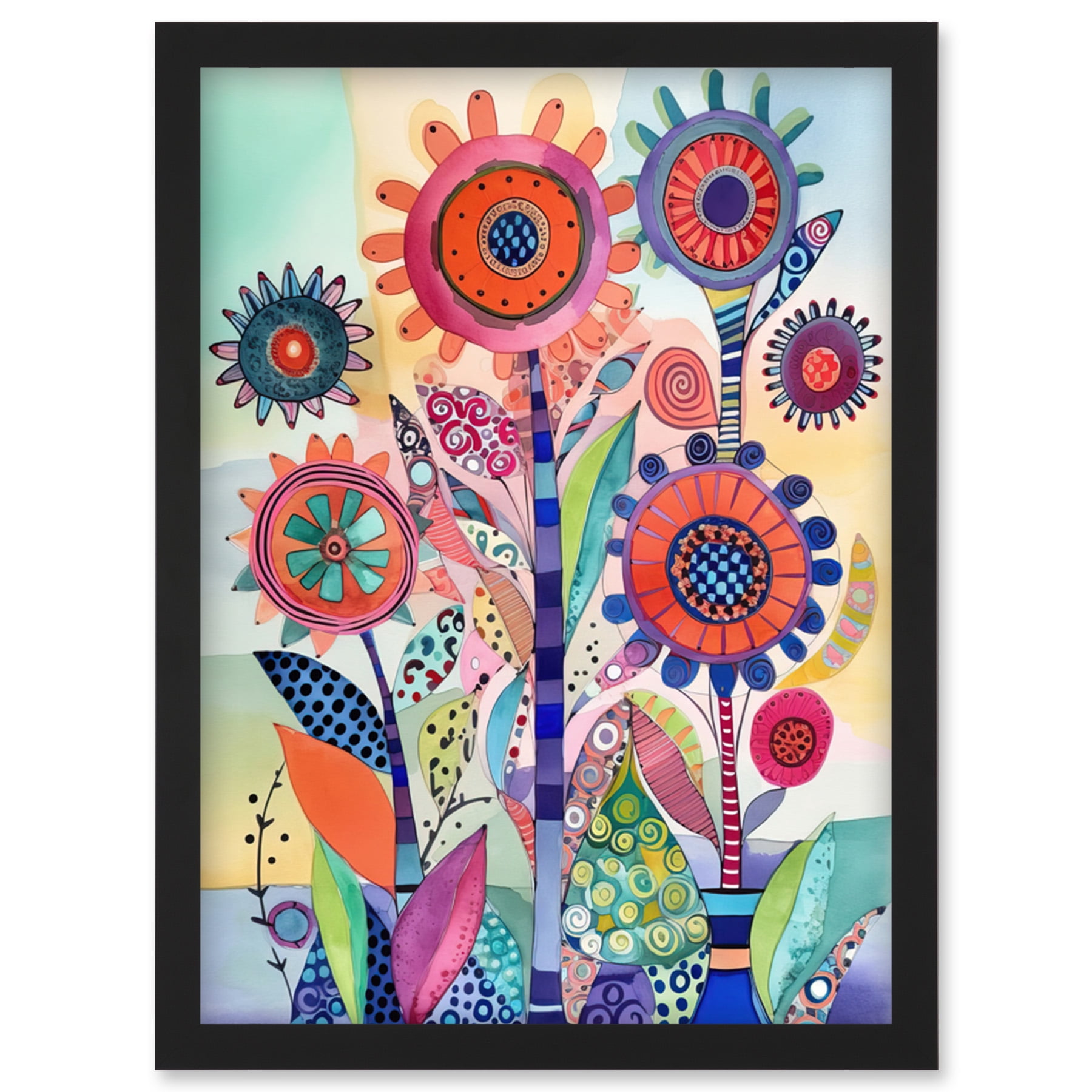 Large Flower Blooms With Embroidery Style Patterns Folk Art Watercolour ...