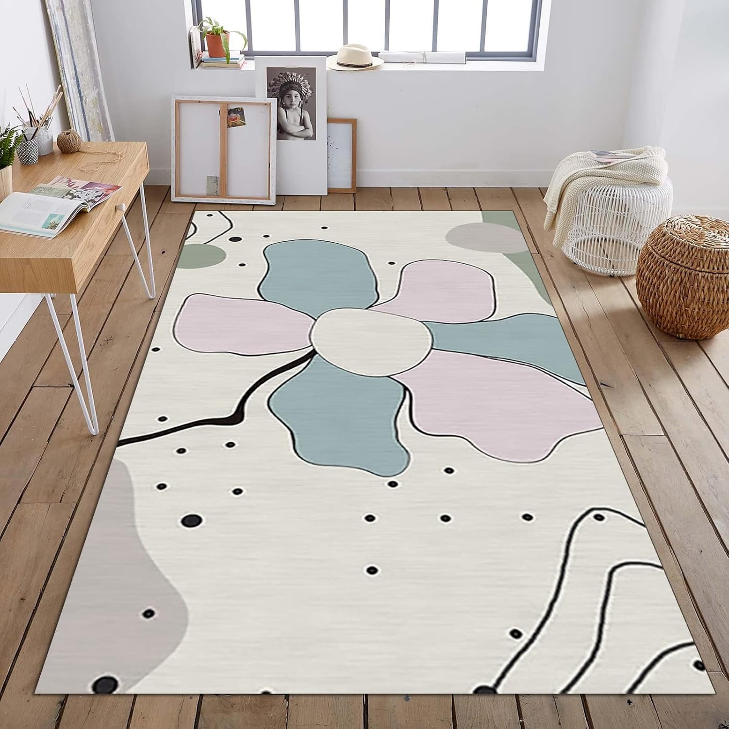 Large Flower Strip Rug, Black and White Minimalist Art Carpet, Mat ...