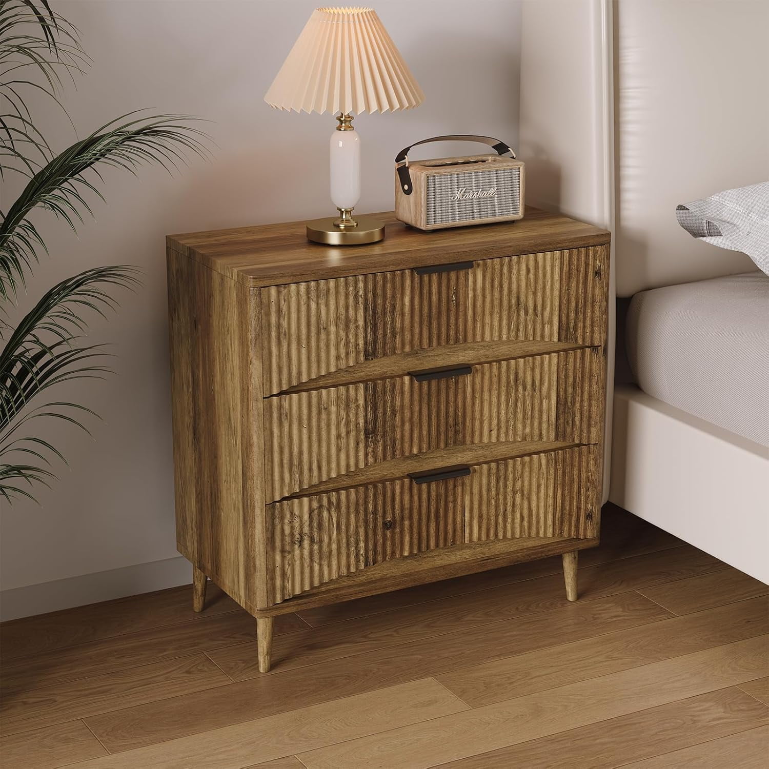 Large Fluted Nightstand with Three Drawer Storage, Oversized Nightstand ...