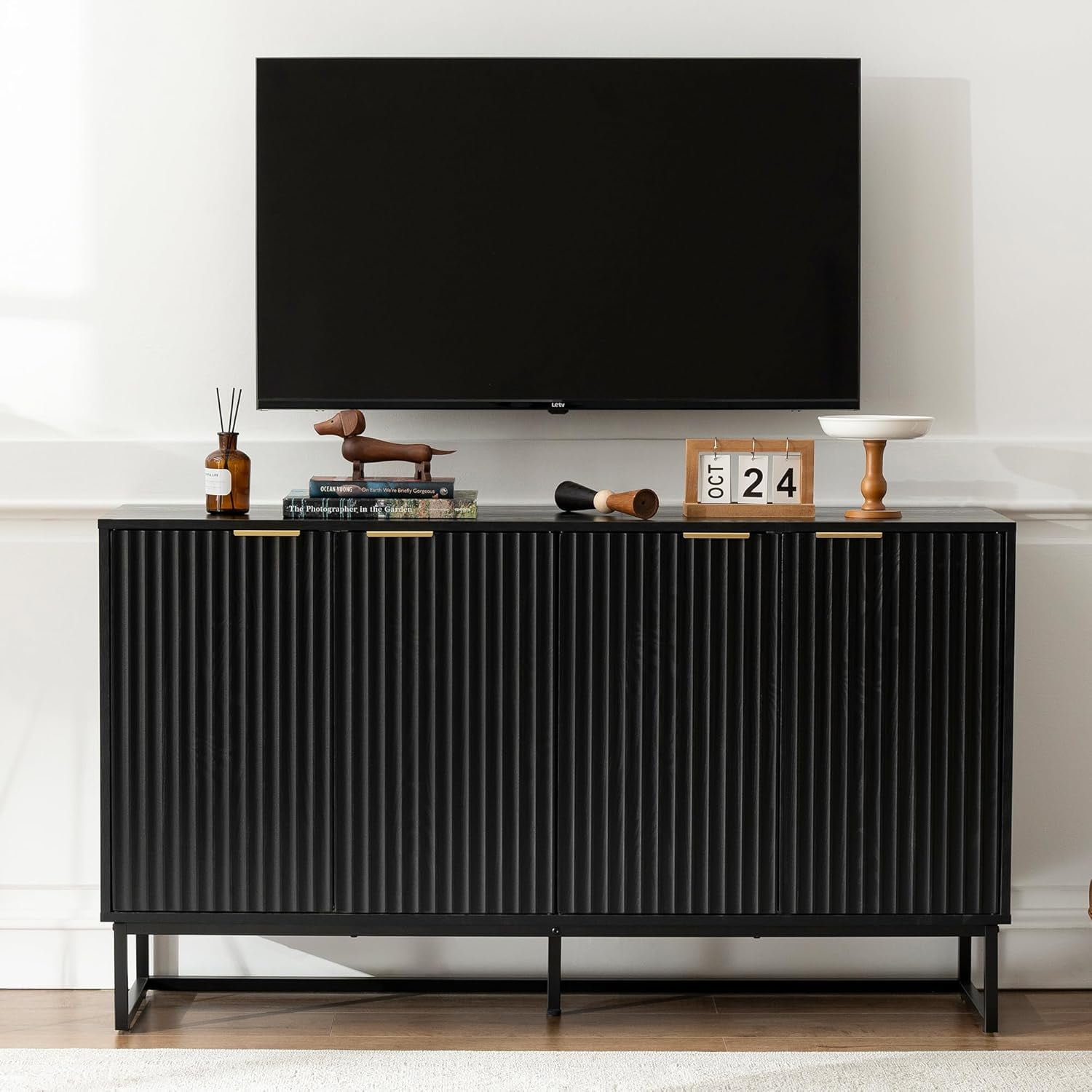 Large Fluted Storage Cabinet with 4 Doors, 55" Sideboard Buffet Cabinet ...