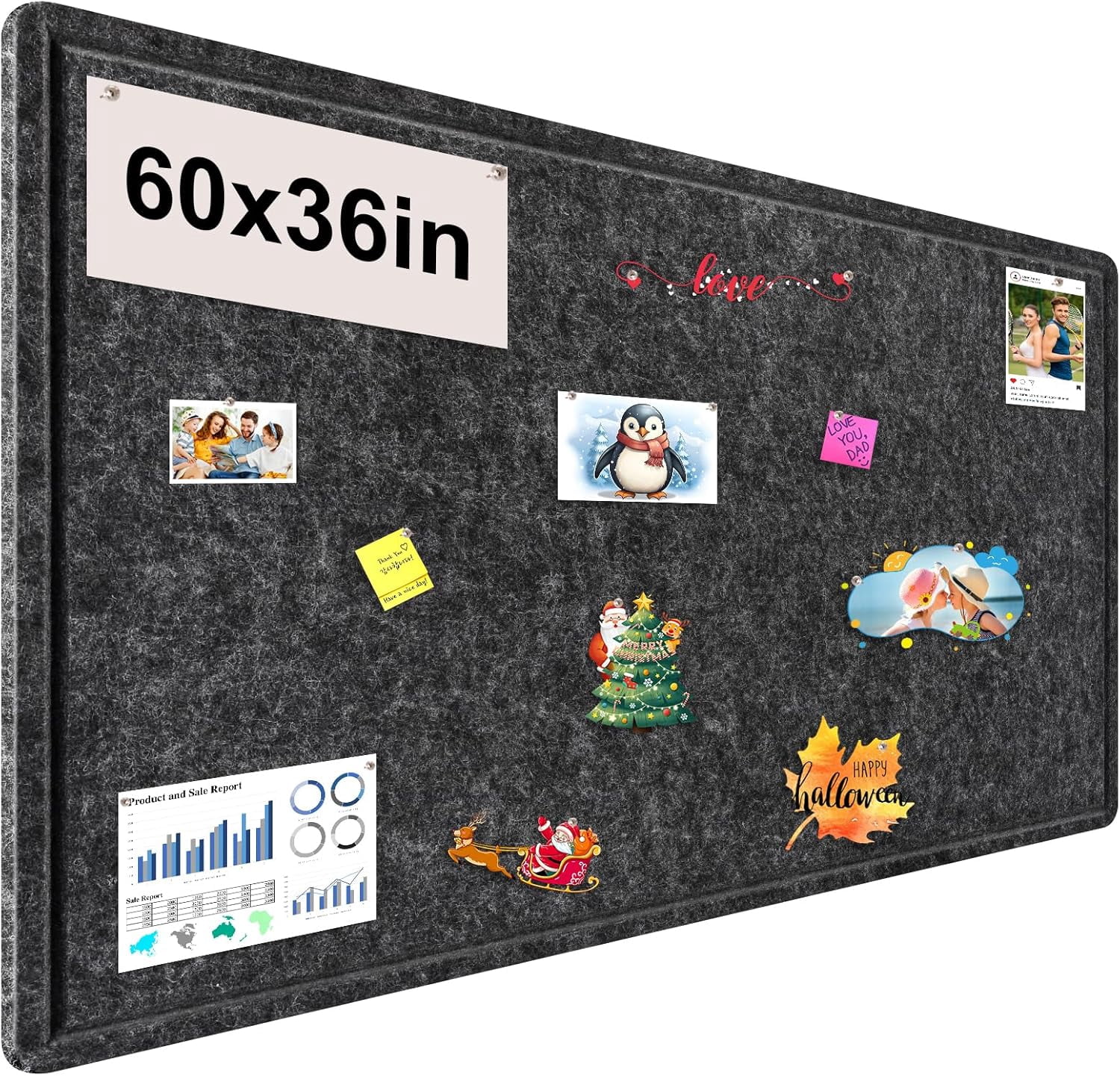 Large Foldable 60x36 Inches Dark Gray Felt Pin Board with 36 Pushpins ...