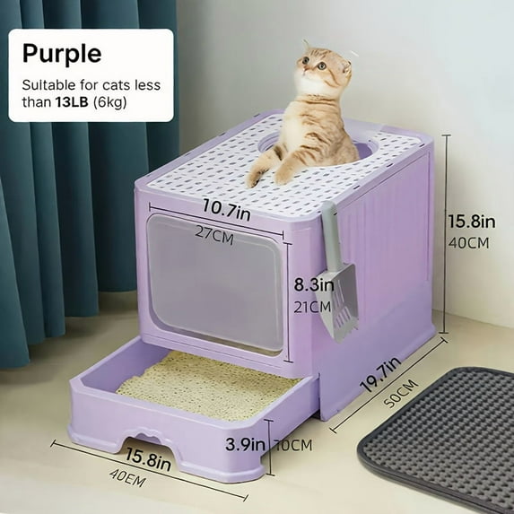 Large Foldable Cat Litter Box w/Lid - Front Entry Top Exit Odor Control ...