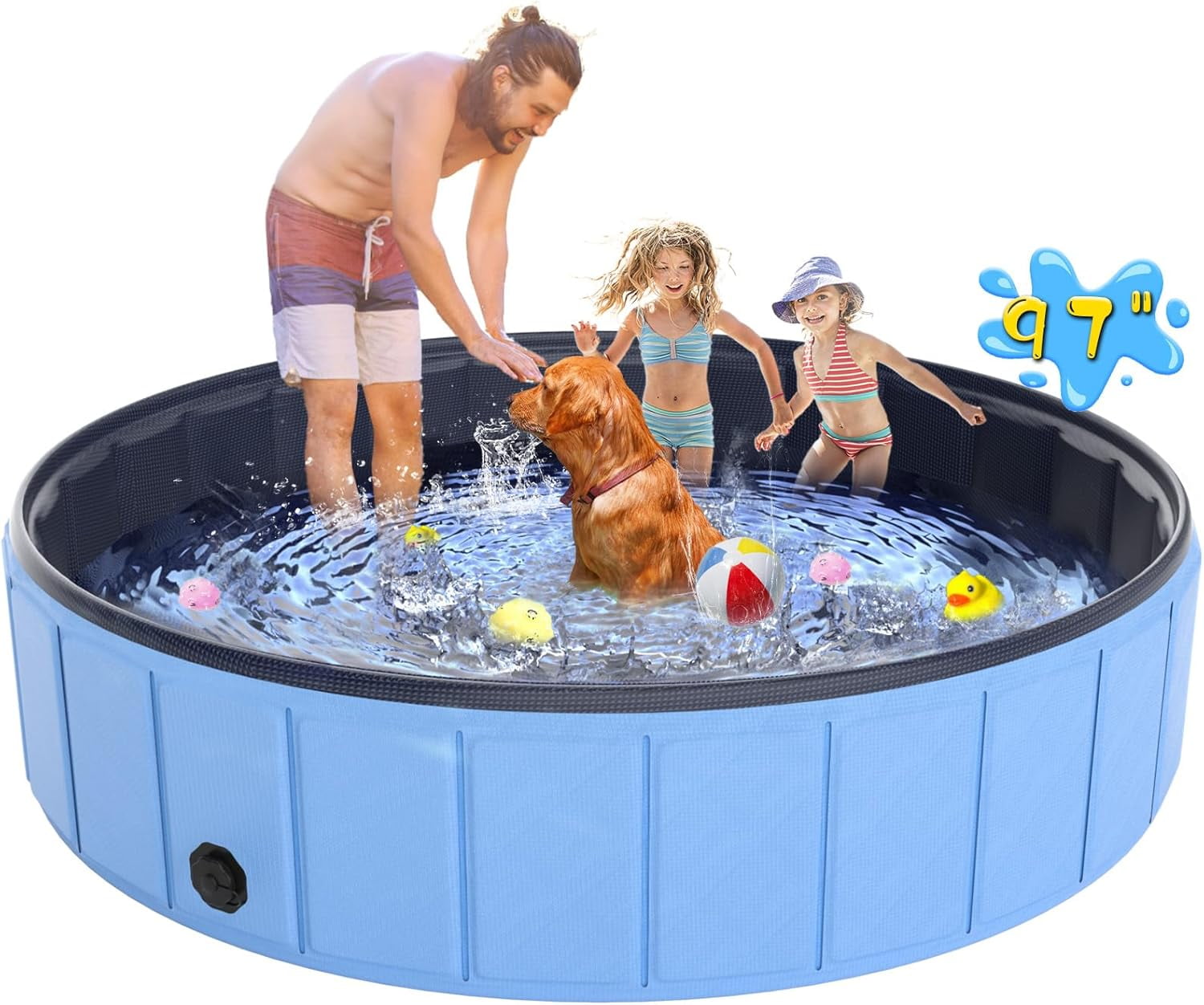 Large Foldable Dog Pool 97"x16", Super Oversize Collapsible Dog Pet Bathing Tub Portable Kiddie ...