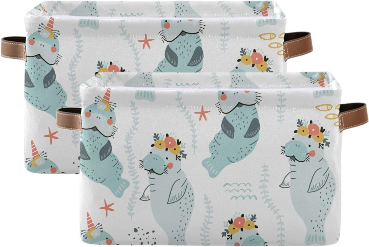 Large Foldable Storage Bin Cute Manatees with Floral Fabric Storage ...