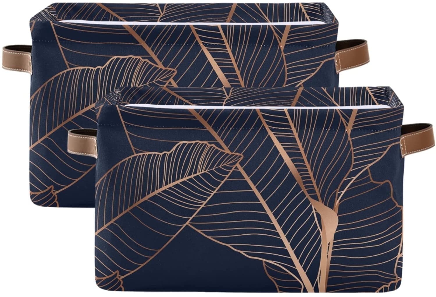 Large Foldable Storage Bin Gold Palm Leaves Navy Blue Fabric Storage ...