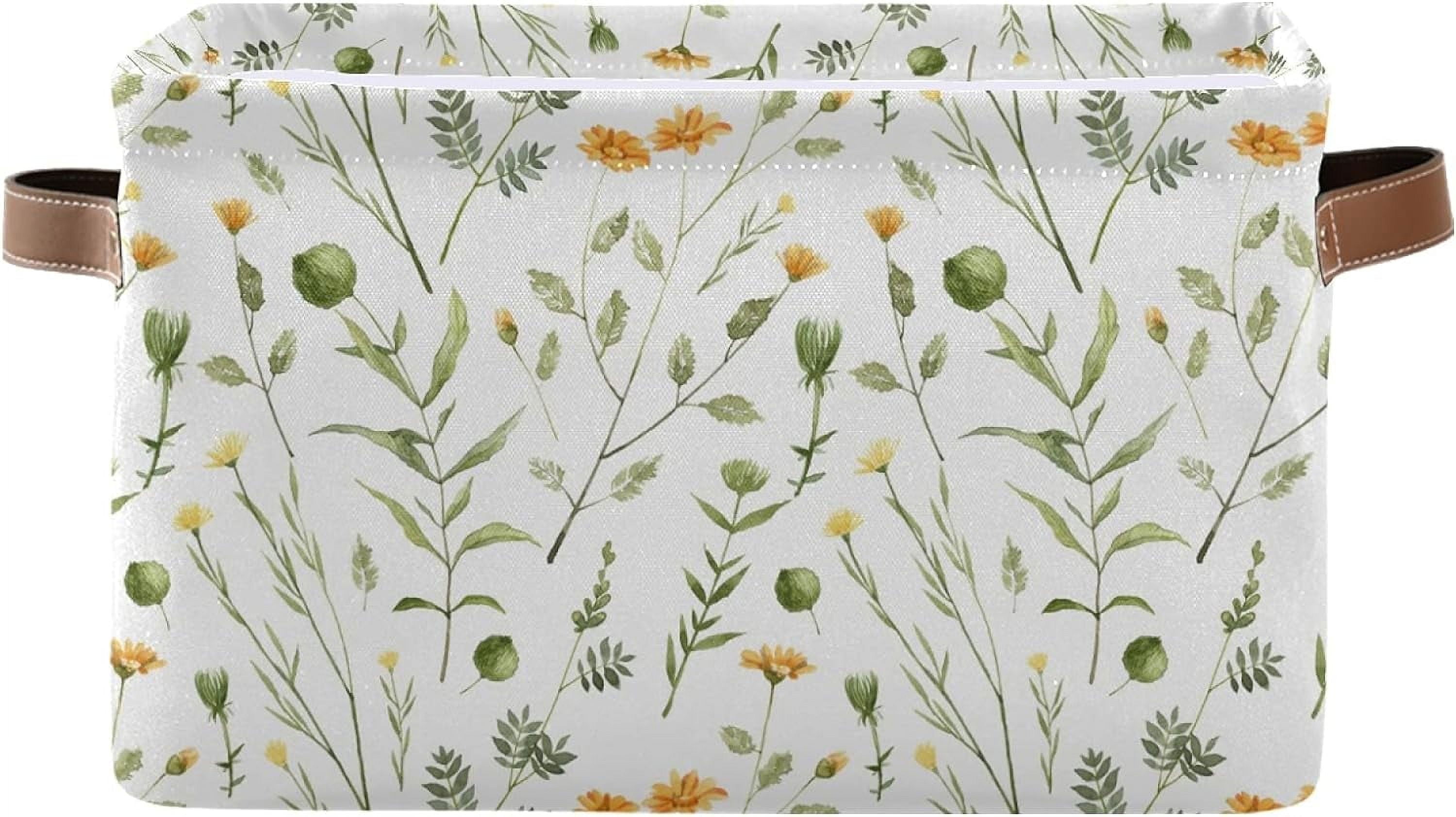 Large Foldable Storage Bin Green Leaves Branch Flowers Fabric Storage ...