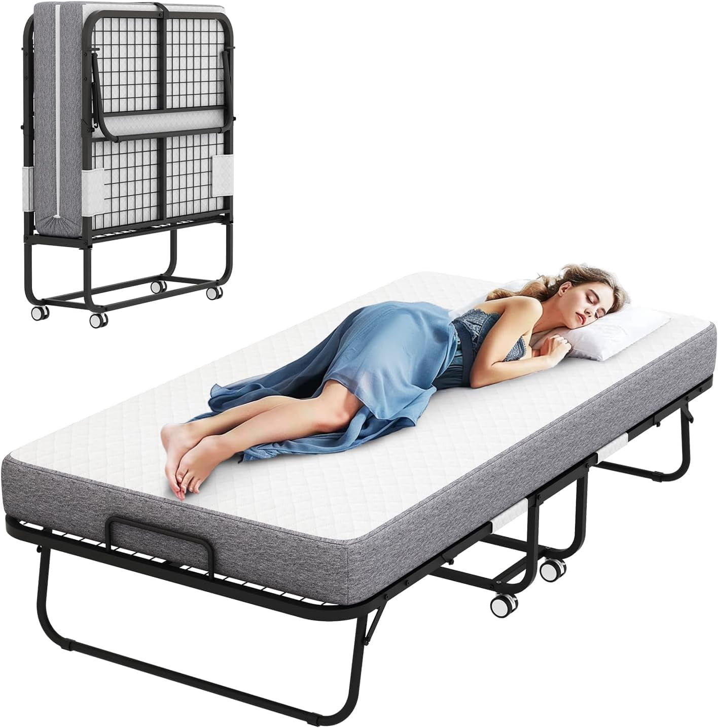 Large Folding Bed with Mattress, 75" x 46" Folded Bed, Rollaway Bed ...