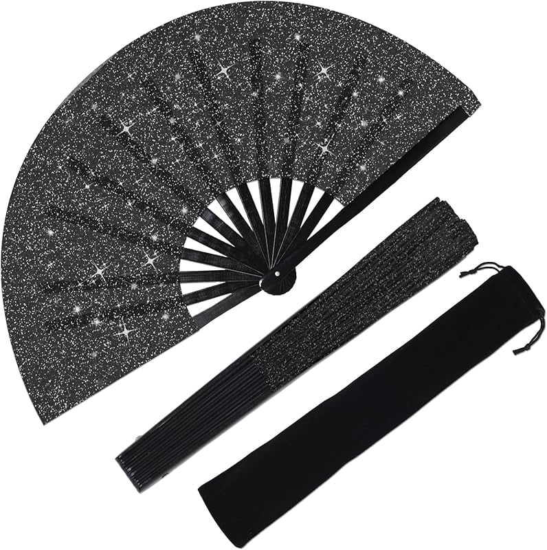 Large Folding Hand Fan Glitter Large Rave Hand Fan, Folding Shiny Hand Fan Clack Handheld Fan ...